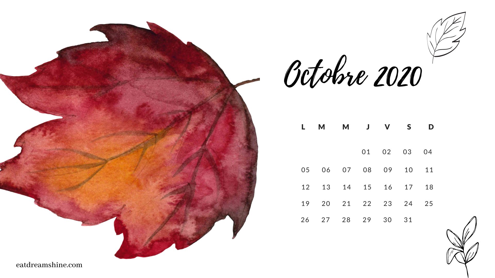 Fonds d'écran calendrier octobre 2020 - Eat Dream Shine
